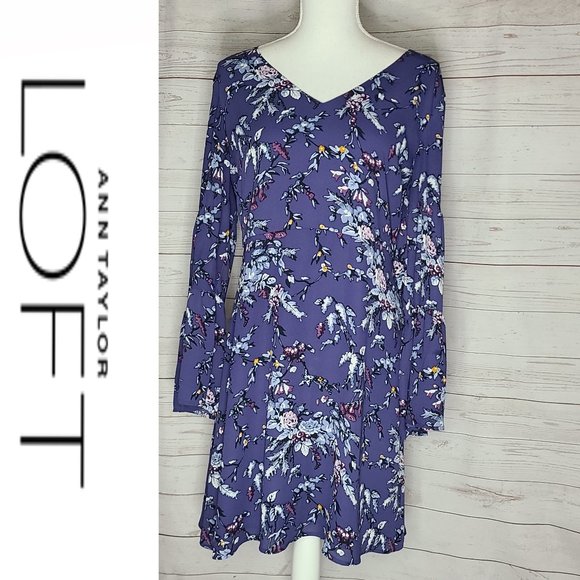 LOFT | Dresses | Loft Purple Vneck Floral Frosted Branch Print Bell ...